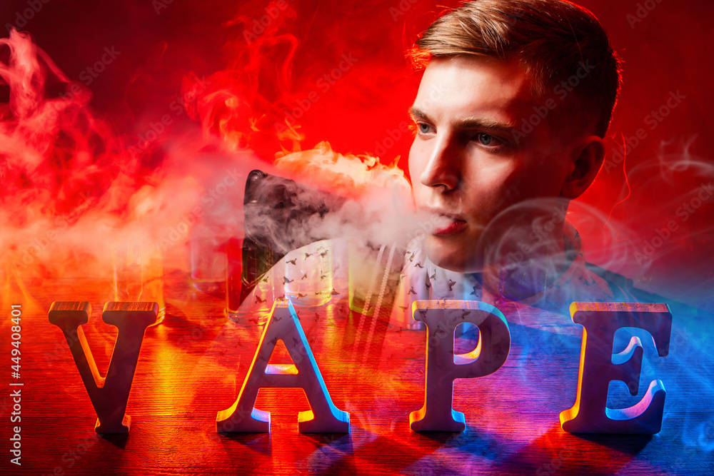 Foto de Vaping. Vape logo next to a young guy. Vaper in clouds of smoke ...
