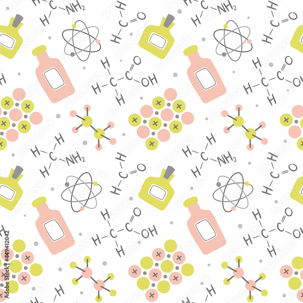 Seamless doodle pattern with elements of chemistry and formulas of ...