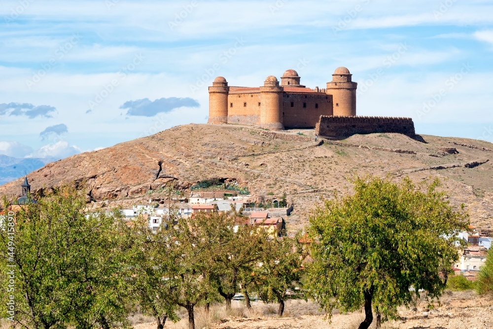 village of the Calahorra with its castle in the mountain. Pentos in ...