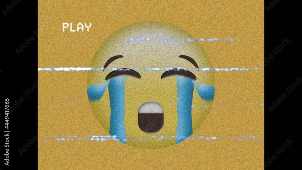 Digital animation of vhs glitch effect over crying face emoji on yellow ...