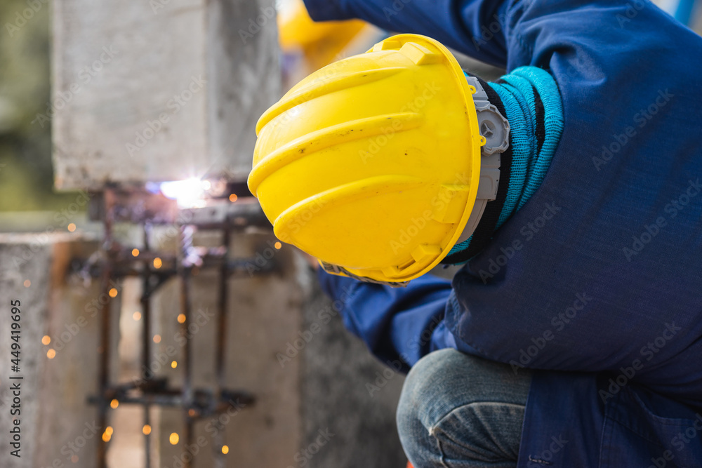 Selective focus safety helmet. Welder working welding assembly ...