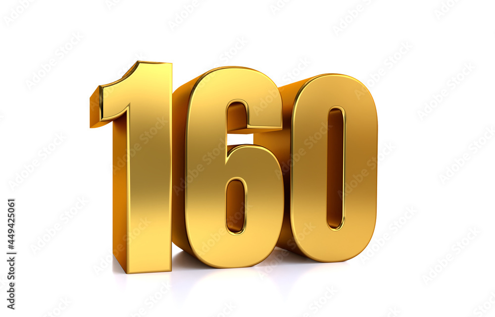 one hundred sixty, 3d illustration golden number 160 on white ...
