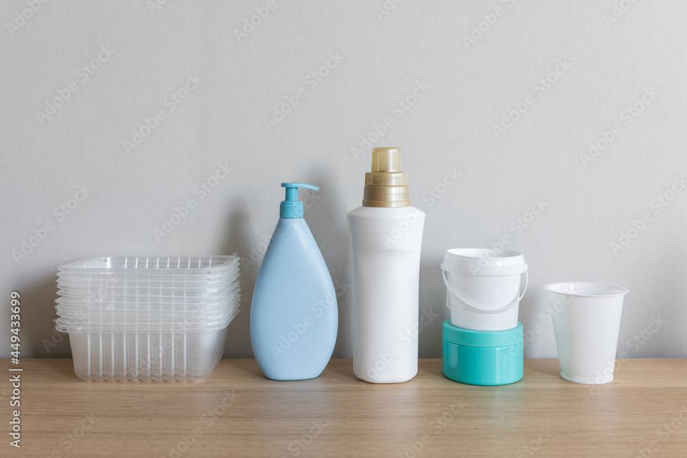 Different types of plastic package in everyday life. Bottles cleaned ...