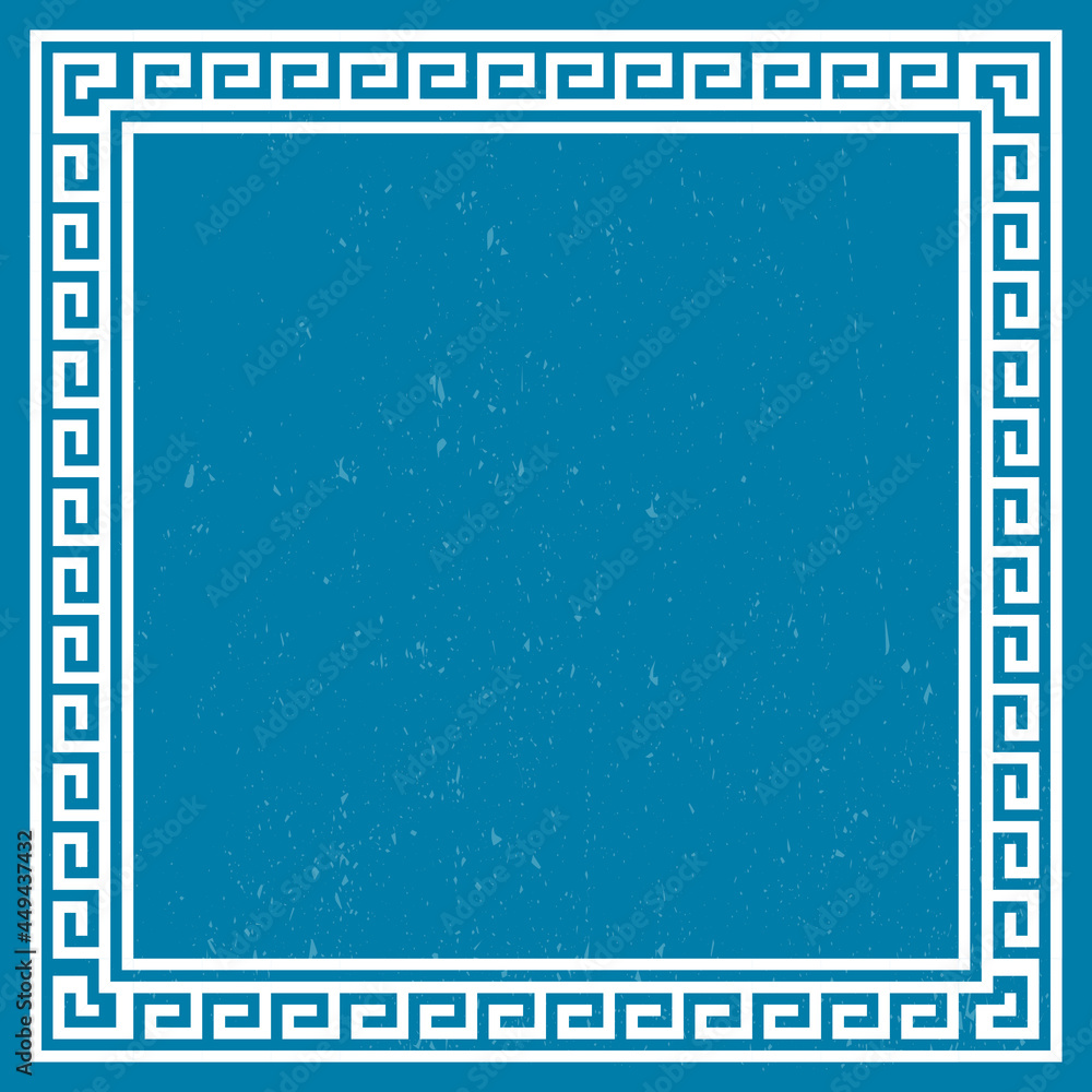 Greek style square frame with ornament and gunge blue background. Copy ...