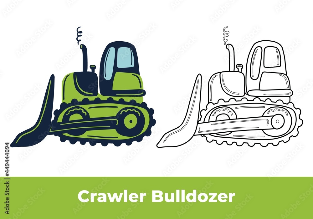 Coloring page and colorful clipart. Hand drawn green tracked bulldozer ...