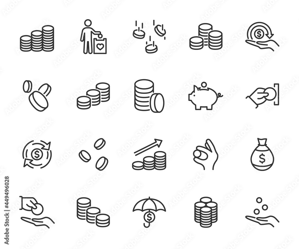 Vector set of coin line icons. Contains icons falling coins, piggy bank ...
