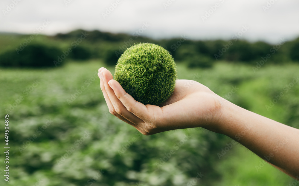 Asian teenager showing earth on hand, ecology and environment ...