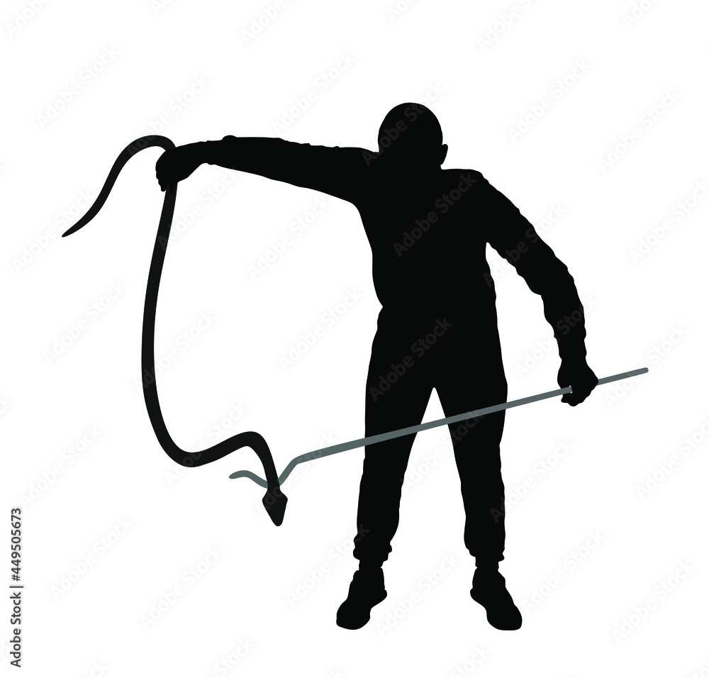 Brave man catching snake with stick vector silhouette illustration ...