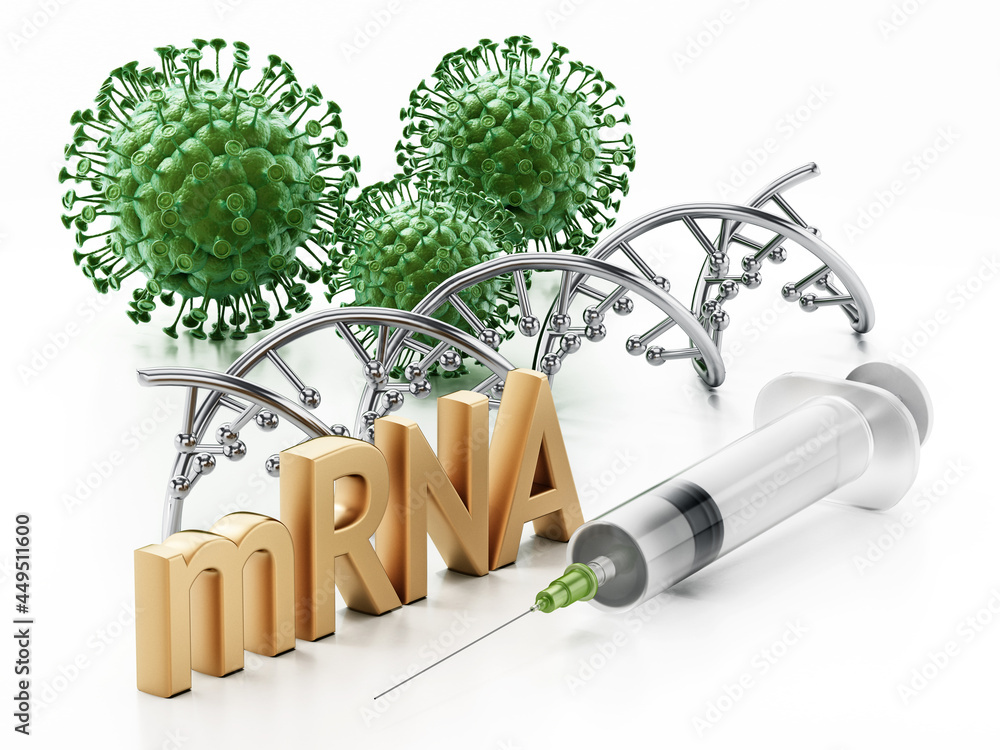 DNA model, syringe, virus model and mRNA text isolated on white ...