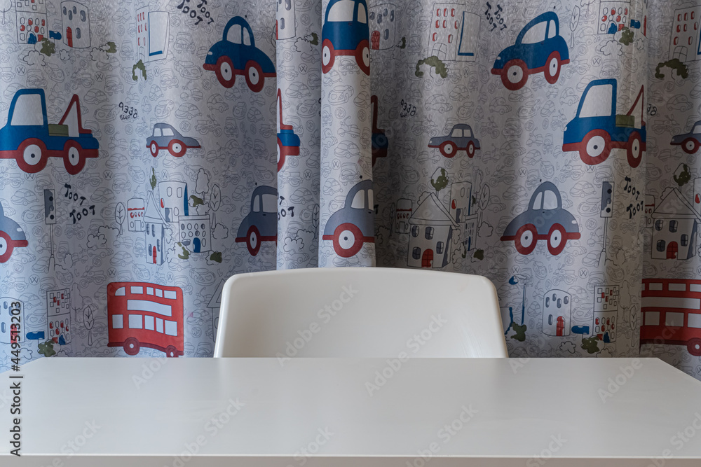 child room empty desk with chair and curtain, kids blank school table ...