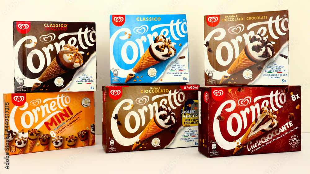 Italy – August 8, 2021: boxes of CORNETTO Ice Cream with different ...