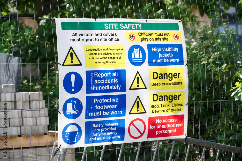 Construction site health and safety message rules sign board signage on ...