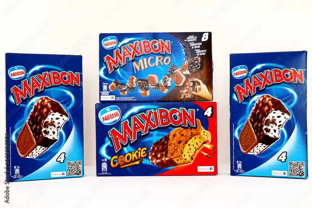 Italy – August 8, 2021: boxes of MAXIBON Ice Cream. MAXIBON is a brand ...