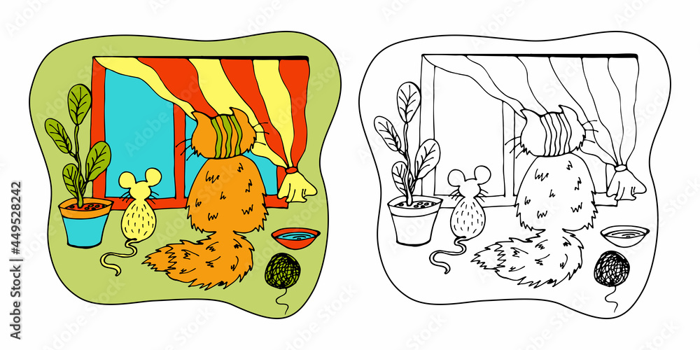 Cute cat and mouse are sitting and looking out the window. Vector hand ...
