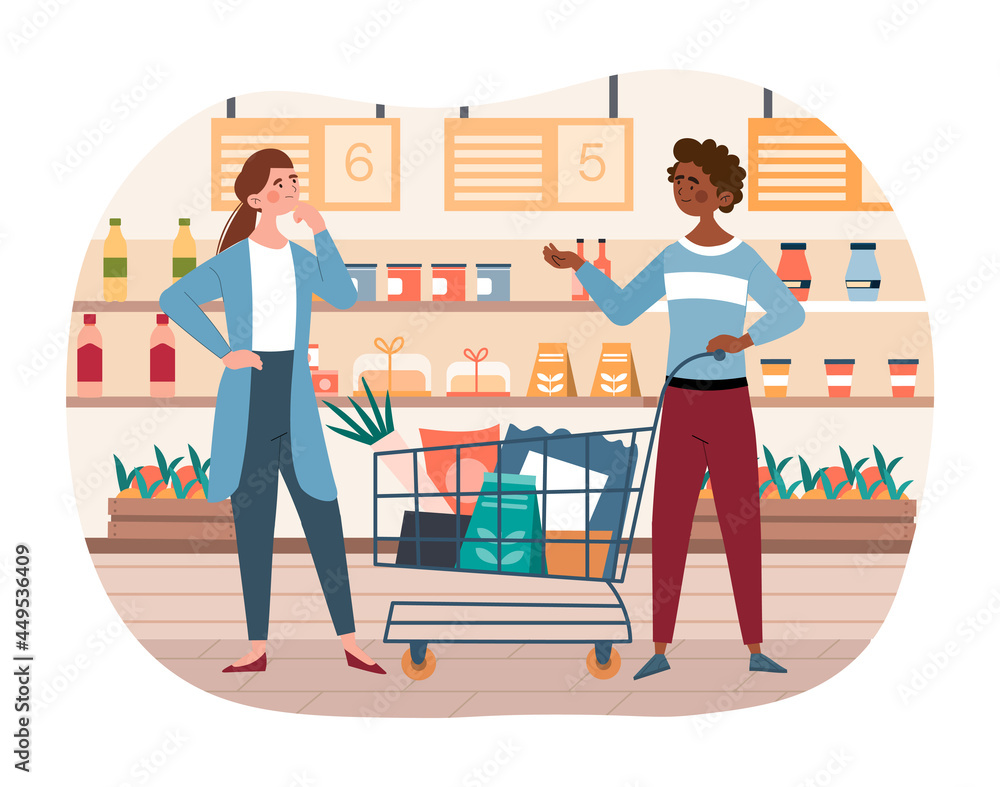 Buying food concept. Man and woman with cart in grocery store. Trip to ...