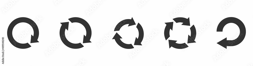 Set of circle arrows rotating on white background. Refresh, reload, recycle, loop rotation sign ...