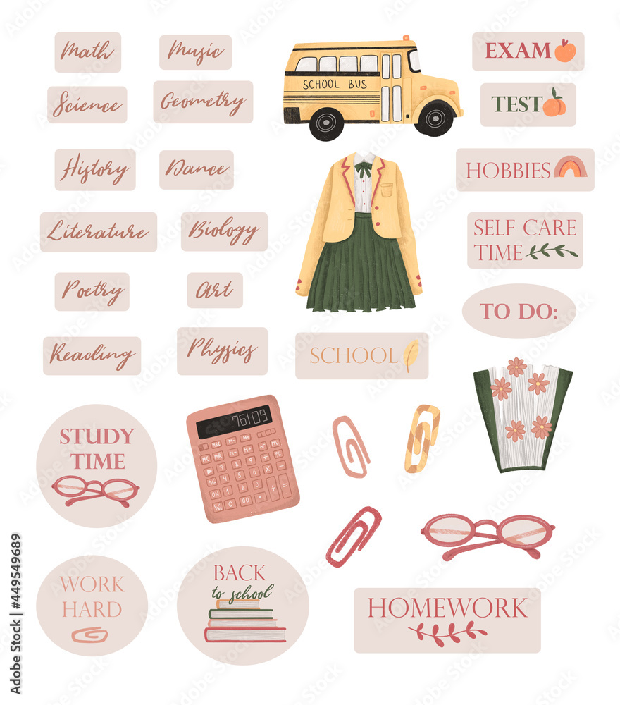Study collection. Books, diary, planner, notes, school bus, stationery ...