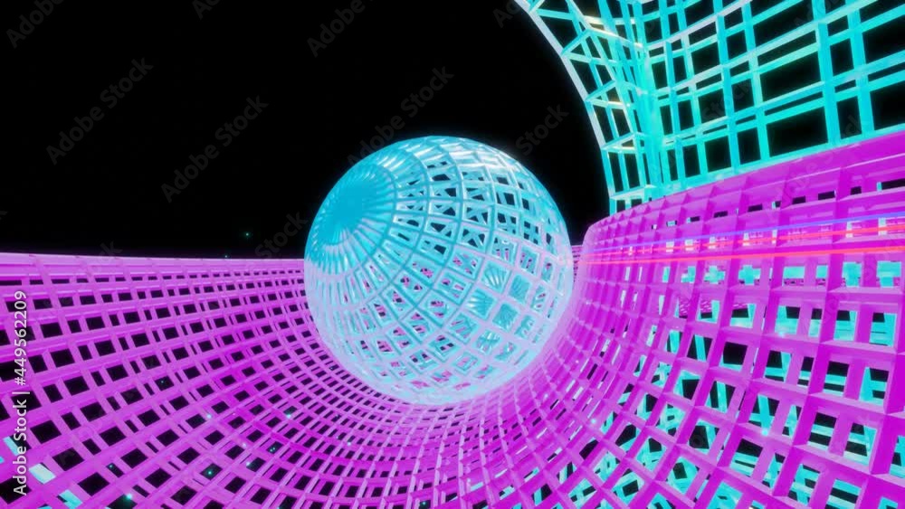 Vidéo Stock 3D glowing wire frame of a sphere rolls along a purple wire ...