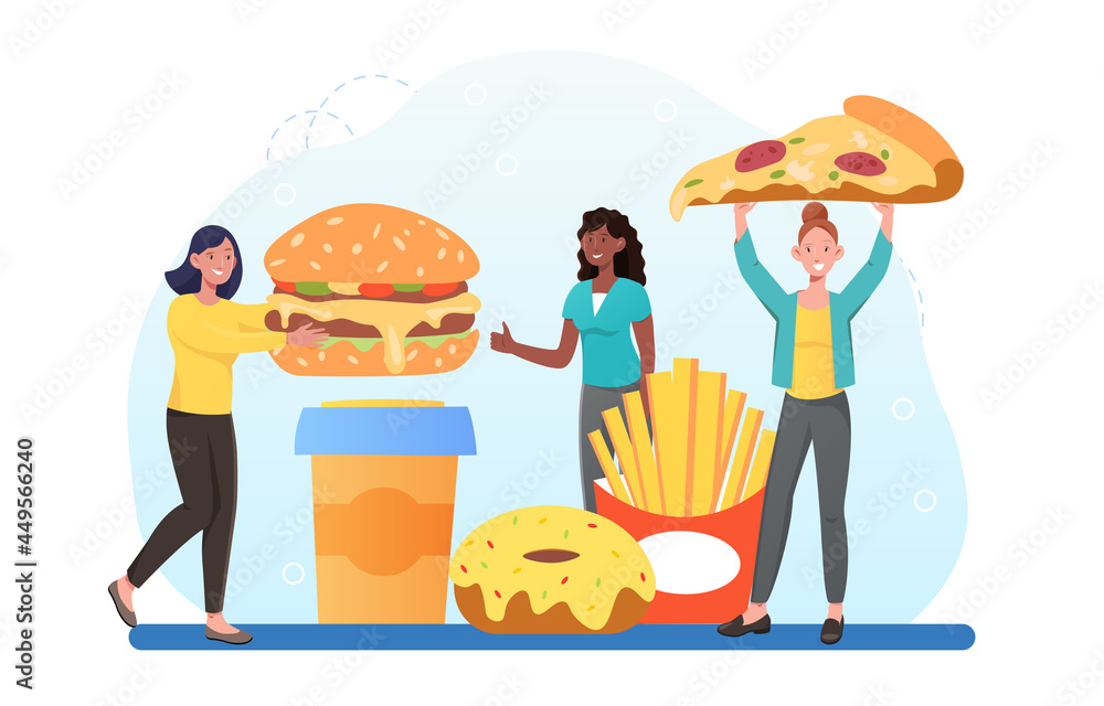 Vecteur Stock Fast food restaurant collage with tiny people. Client buy ...
