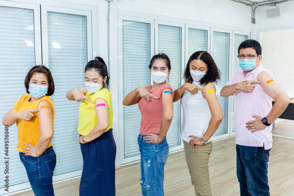 Group of people after getting the covid-19 vaccine, composite shot. A ...