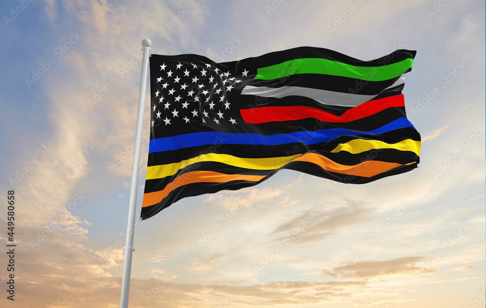 Thin Line First Responder flag waving at cloudy sky background on ...