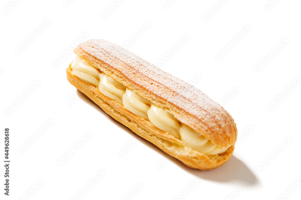 Traditional french eclairs filled with vanilla cream and powdered sugar ...