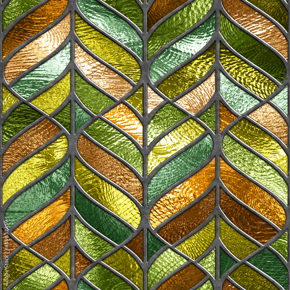 Stained glass seamless texture with leaf pattern for window, colored ...