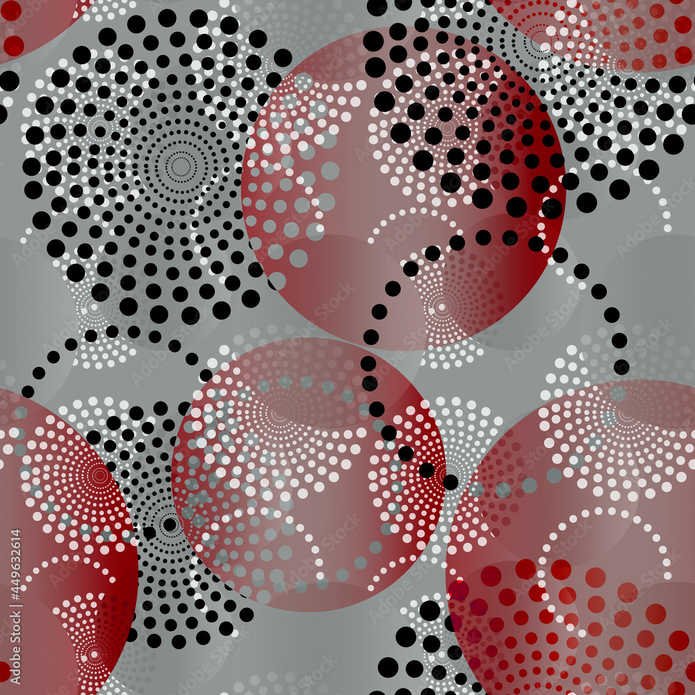 Seamless abstract geometric pattern. Maroon, black circles, dots on a ...