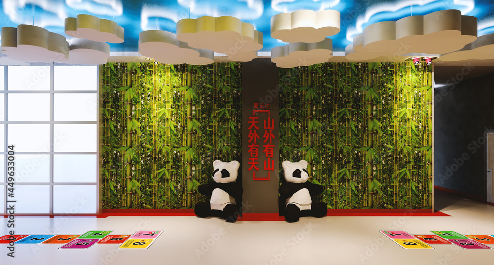 3d interior design, school corridor, bulut motifli tavan, beyaz ...