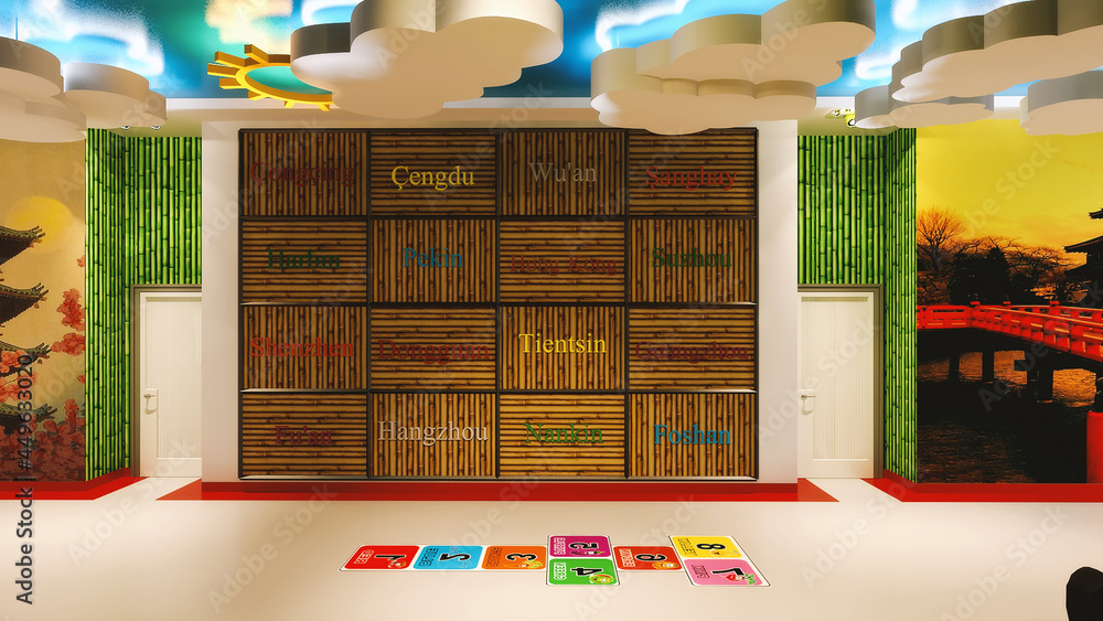 3d interior design, school corridor, bulut motifli tavan, beyaz ...