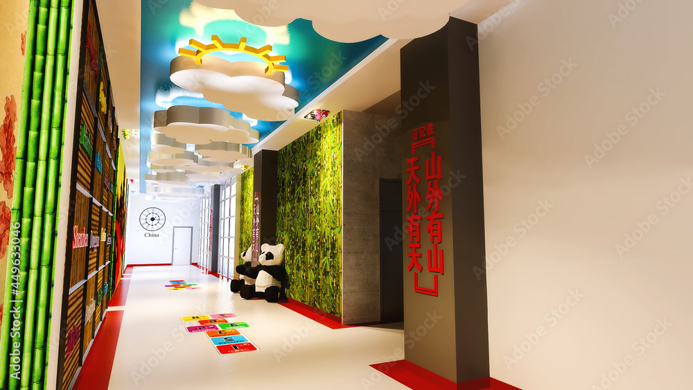 3d interior design, school corridor, bulut motifli tavan, beyaz ...
