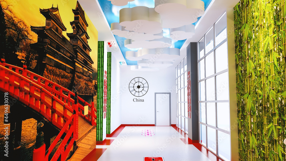 3d interior design, school corridor, bulut motifli tavan, beyaz ...