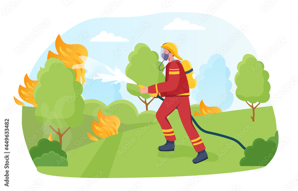 Brave young professional fireman with oxygen balloon and equipments ...