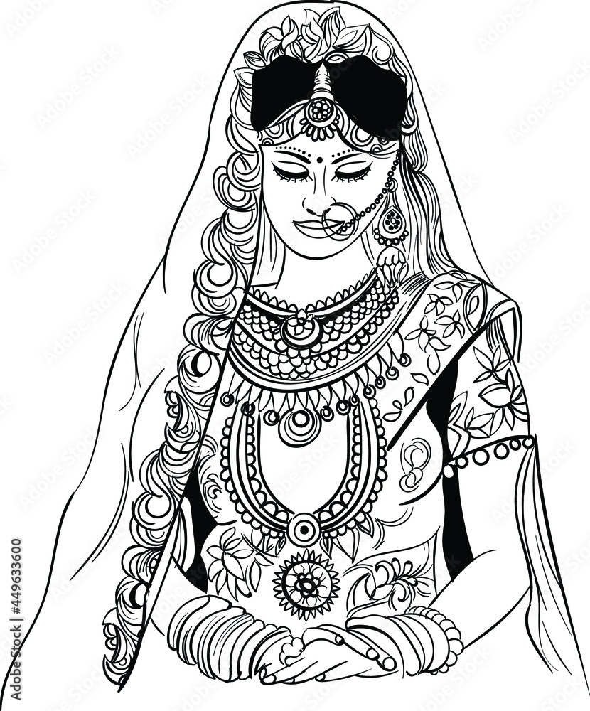 Indian bride black and white line drawing clip art. Indian wedding clip ...