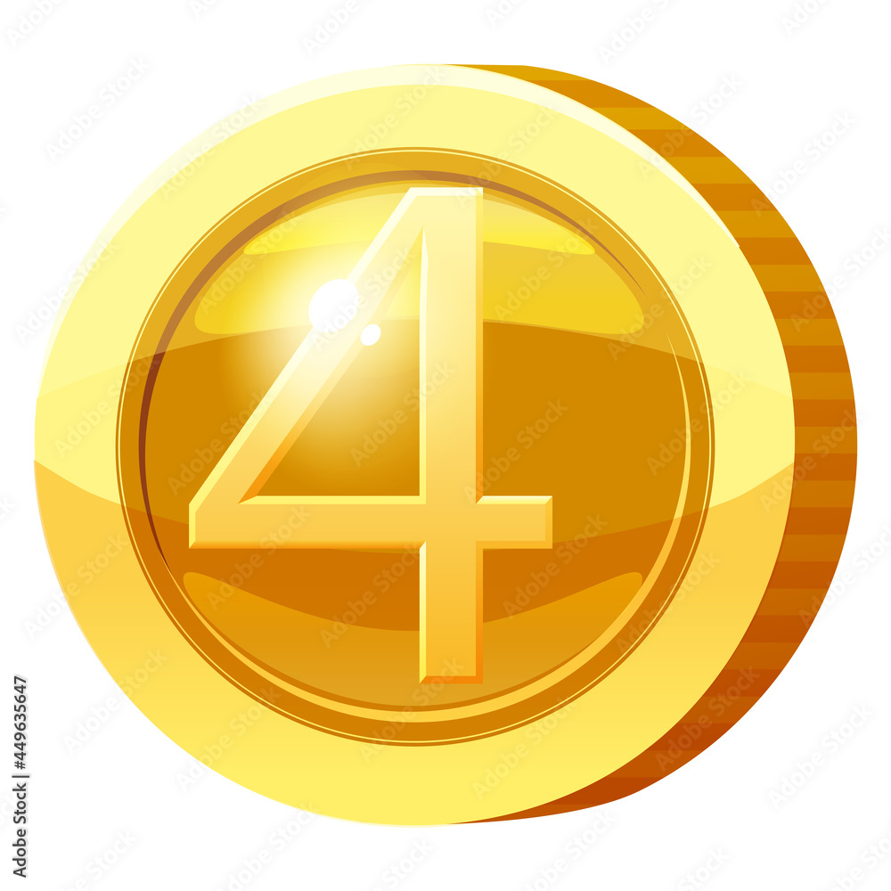 Gold Medal Coin Number 4 symbol. Golden token for games, user interface ...