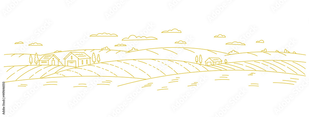 Countryside. Village field. Rural landscape. Contour vector line ...