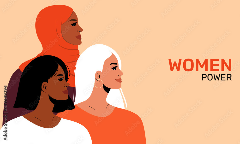 Women power. Portraits of three women of different nationalities and ...