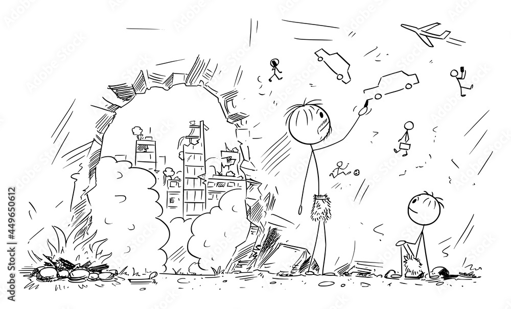 Man in Cave After Human Civilization Collapse Drawing Cars on the rock ...