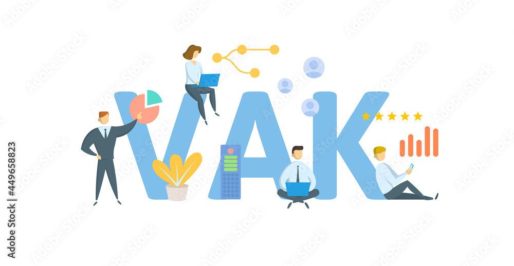 VAK, Visual, Auditory and Kinesthetic. Concept with keywords, people ...