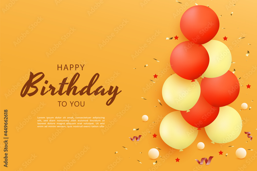 happy birthday with a pile of balloons on the side with small balls and ...
