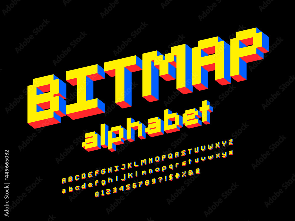 pixel style font with uppercase, lowercase, numbers and symbol Stock ...