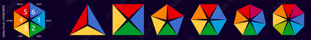 Polygons divided into triangles with some space left, three to eight ...