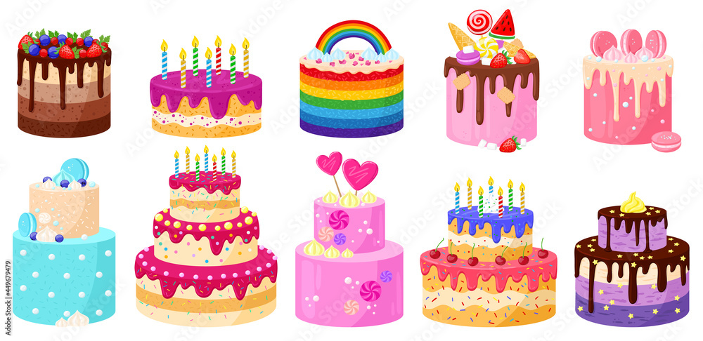 Cartoon Birthday holiday party celebration delicious cakes. Happy ...