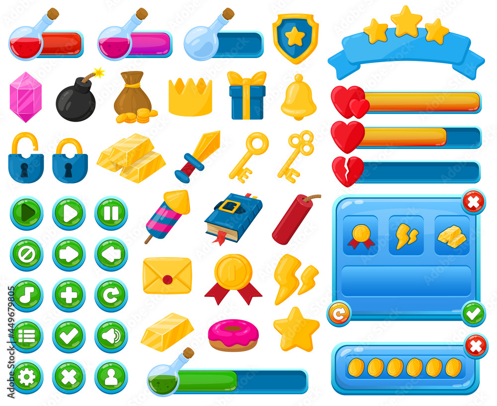 Cartoon mobile game user interface kit elements. Casual game interface ...