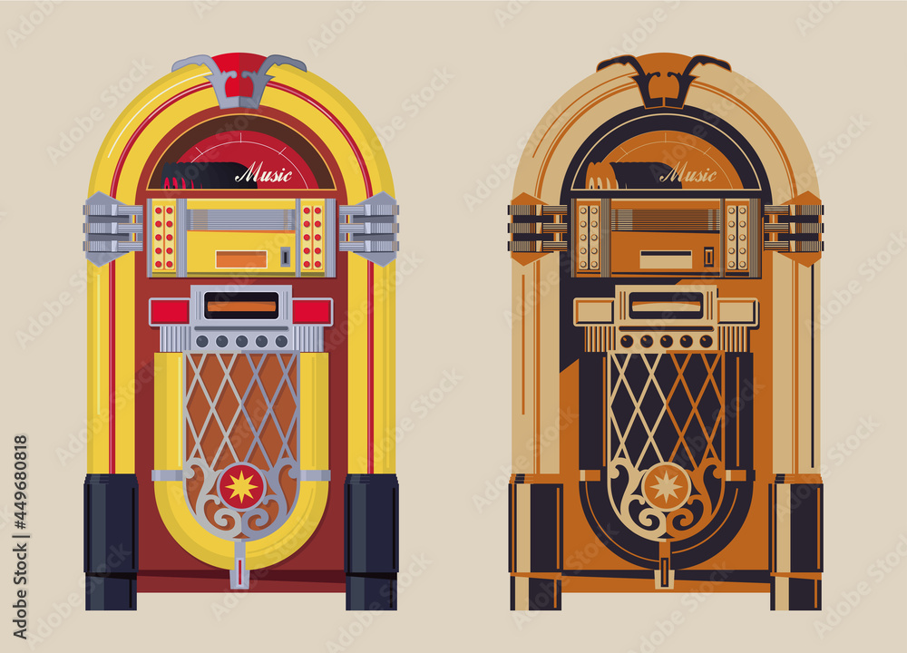 Vector graphic of vintage jukebox with 2 different colour combinations ...