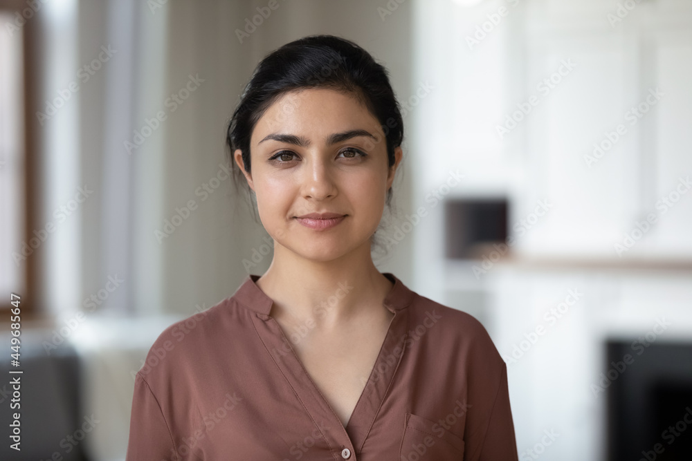 Headshot portrait of confident young Indian woman renter or tenant pose ...