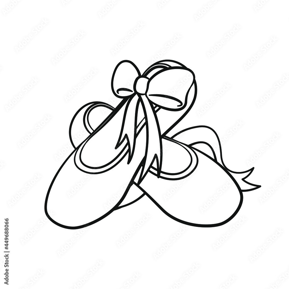 Pointe shoes clipart, ballet shoes with bow outline simple flat vector ...