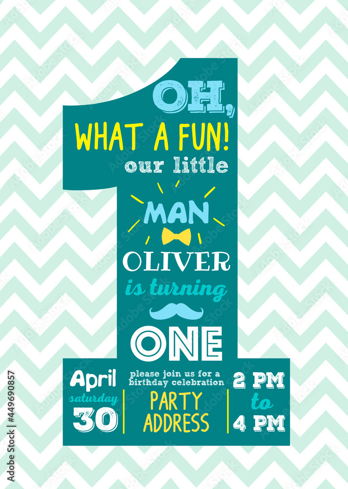 Our little man is turning one, birthday party vector invitation card ...