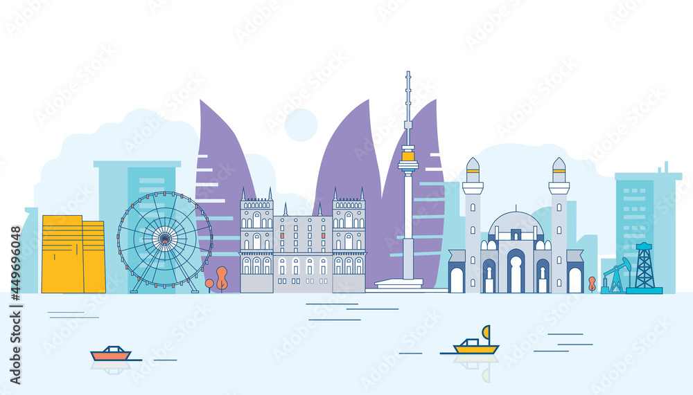 Azerbaijan Travel Destination vector. Baku Azerbaijan, watercolor ...
