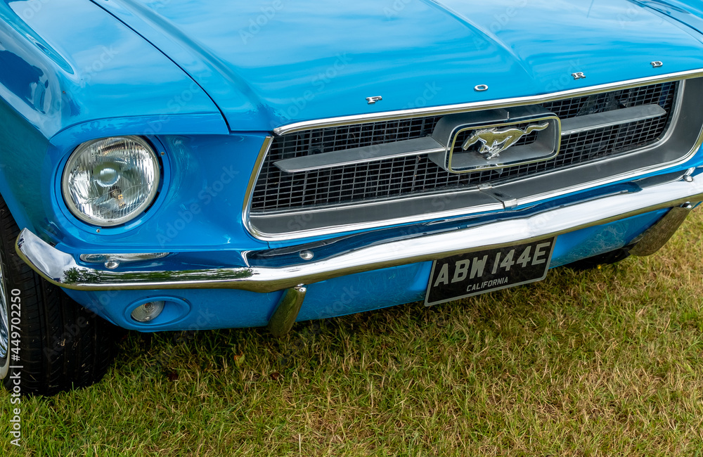 Ipswich, UK – July 2021. Front on view of classic Ford Mustang car ...